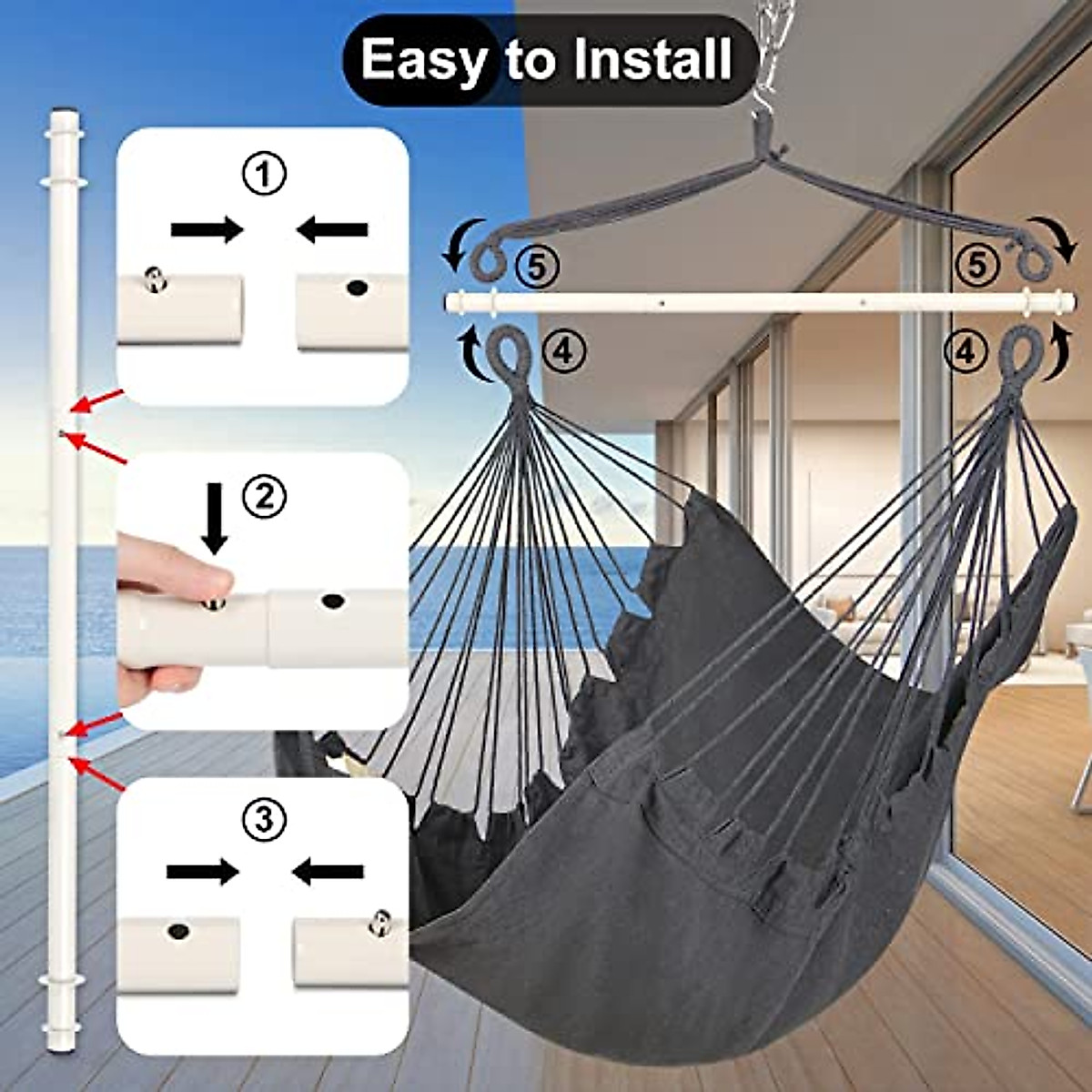 Y- STOP Hammock Chair Hanging Rope Swing, Max 500 Lbs, Hanging Chair with Pocket, Removable Steel Spreader Bar with Anti-Slip Rings, Quality Cotton Weave for Comfort, Durability, Dark Grey