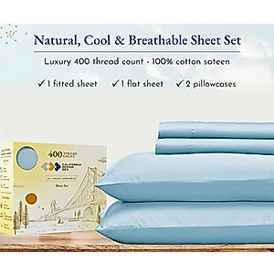 California Design Den 100% Cotton Sheets - Softest 4-Pc Queen Sheet Set, Cooling Sheets for Queen Size Bed, Deep Pockets, 400 Thread Count Sateen, Bedding Sheets & Pillowcases, Queen Sheets (Sky Blue)