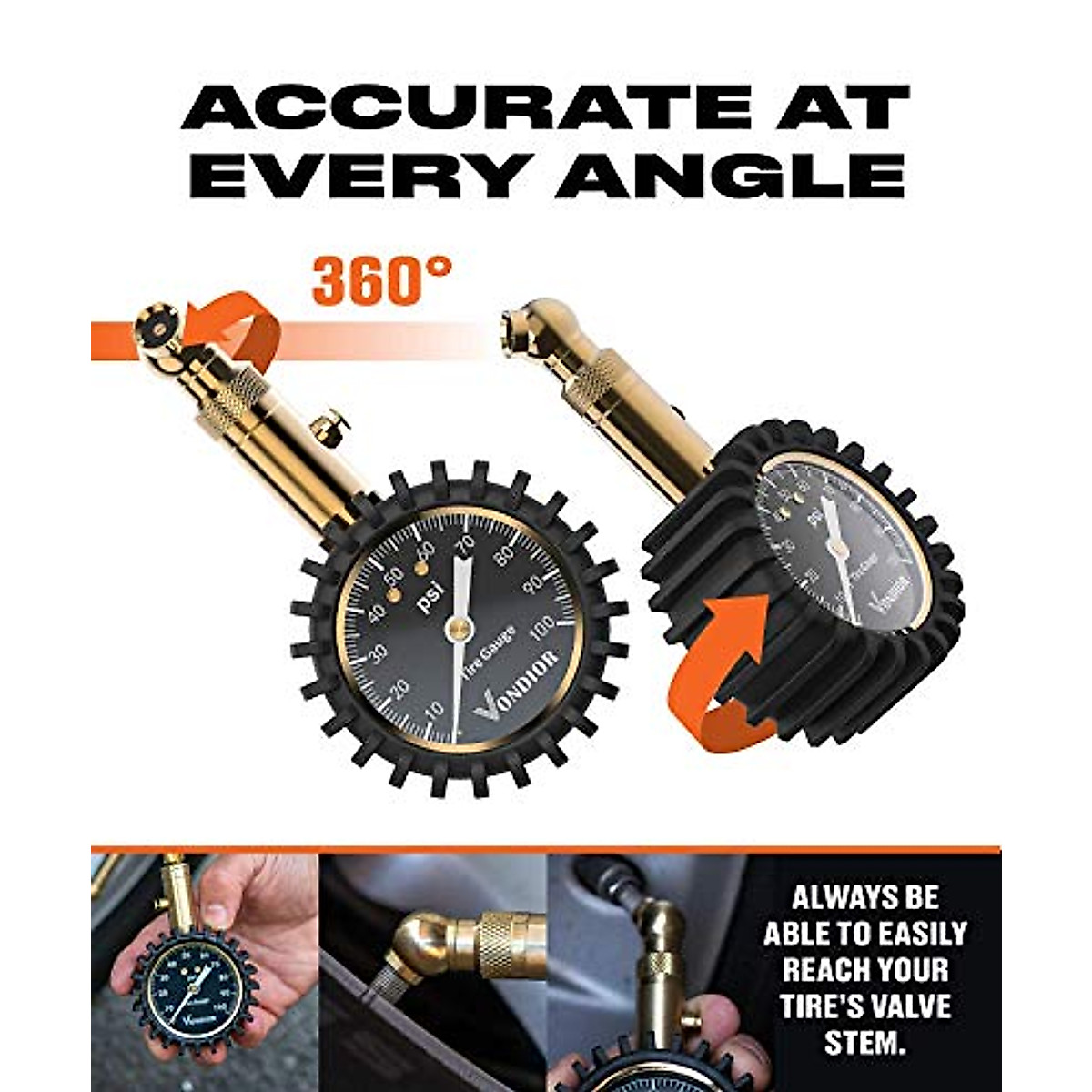 Vondior Tire Pressure Gauge (0-100 PSI) Heavy Duty, Certified ANSI Accurate with Large 2 Inch Easy to Read Glow Dial, Low - High Air Pressure Gauge. Tire Gauge for Car and Trucks Tires