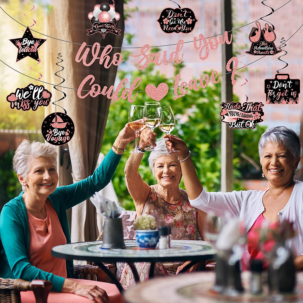 Going Away Party Decorations, NO-DIY Rose gold Glitter Who Said You Could Leave Banner and 8 Pcs Farewell Party Decorations Card Cuts, Happy Retirement Banner, Farewell Graduation Party Decorations