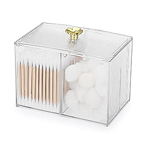 Hipiwe Acrylic Q-tip Holder with Lid- 3 Sections Bathroom Dispenser Jar Cotton Ball and Swab Organizer Plastic Apothecary Jar Makeup Storage Canister Box for Cotton Rounds Pads Floss