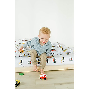 100% Cotton Fitted Crib Sheet - Premium Baby Bedding - Soft, Breathable & Durable - Construction Trucks Print