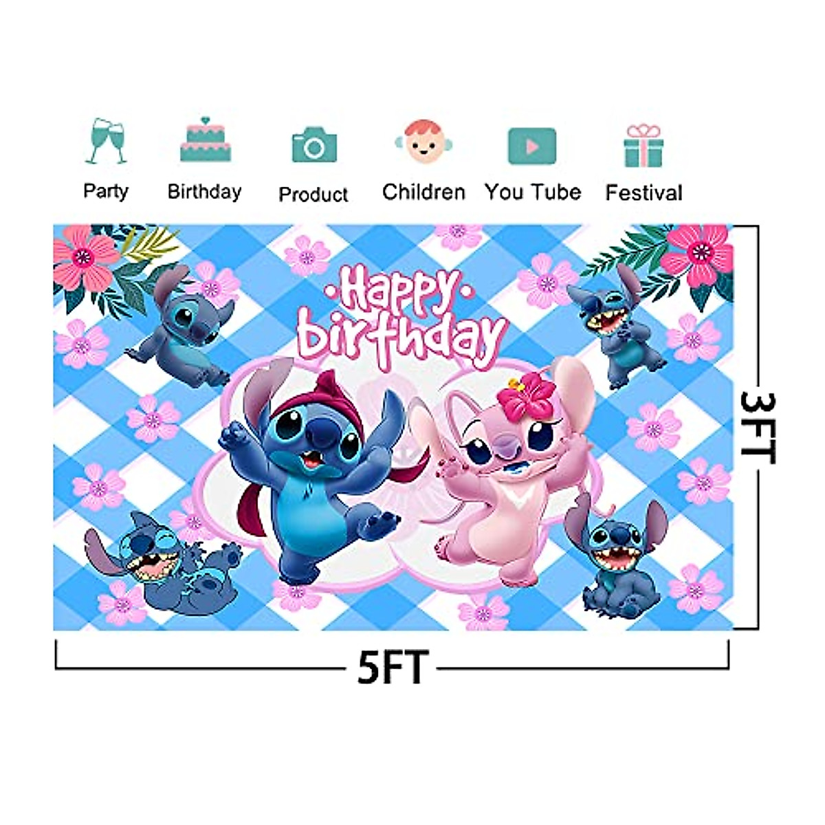 Backdrops for Lilo and Stitch Birthday Party Decorations Supplies Stitch Baby Shower Photo Background for Cake Table Decorations Happy Birthday Banner 5x3ft