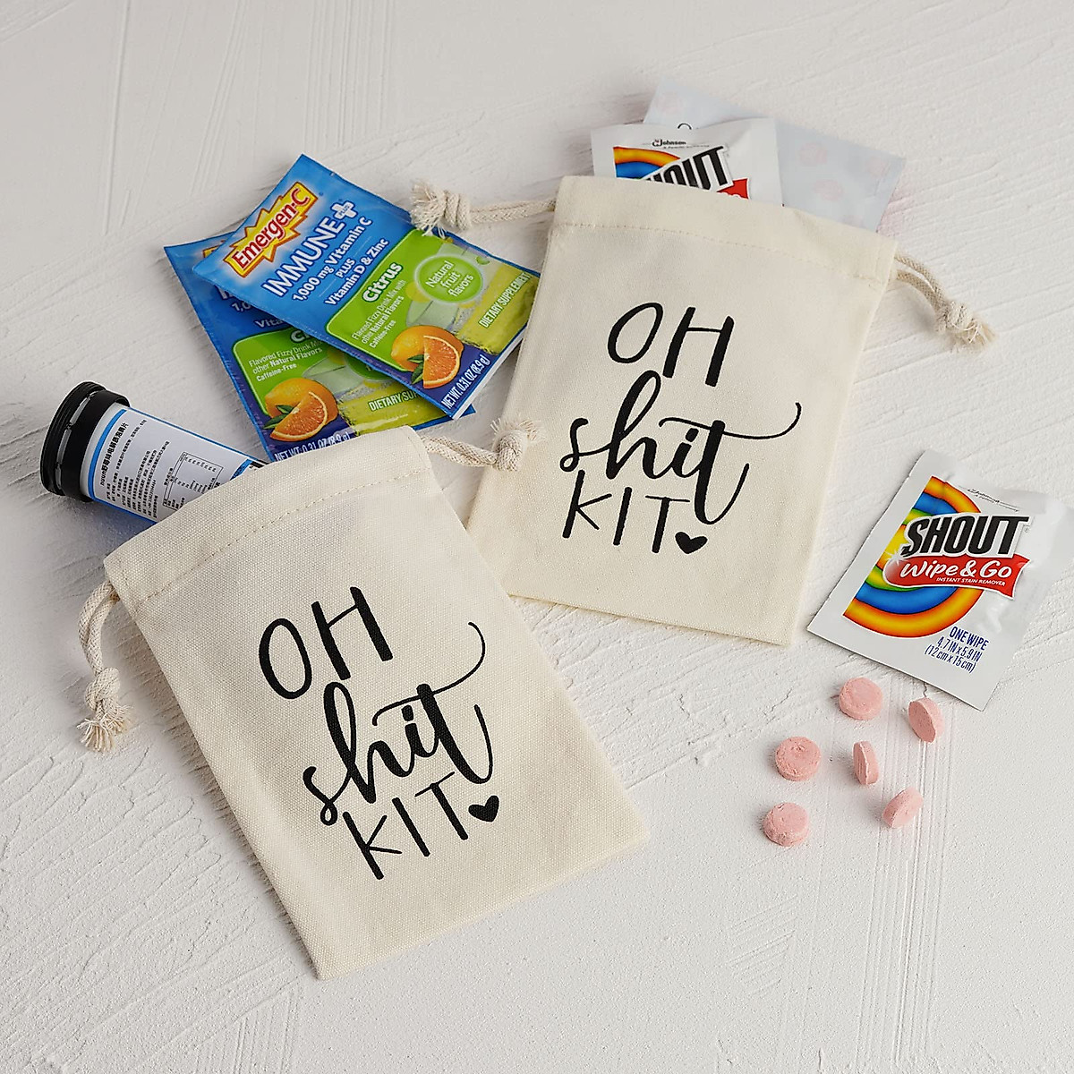 PandaSew Oh Kit Bags Party Favor Bags for Bachelorette Survival Jewelry Bag Luxury Beige Cotton Canvas Drawstring Bag for gift (20pcs 4x6 inch)