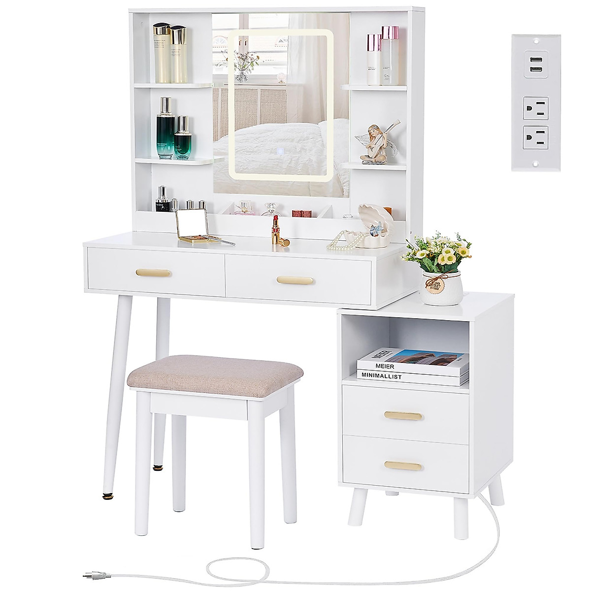 BEWISHOME Vanity Desk, White Vanity with Charging Station & Nightstand, Makeup Desk Makeup Vanity with Lights with 3 Colors Modes, Makeup Table Vanity Table with Stool Dressing Table Vanity Set FST18W