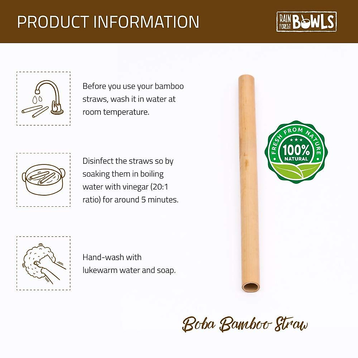 Rainforest Bowls Set of 4 Reusable Boba Bamboo Straws - 8 Inch - Perfect for Milkshake, Milk Teas, Juice, Smoothies - 100% Natural, Hand Carved by Artisans, Eco-Friendly & Sustainable