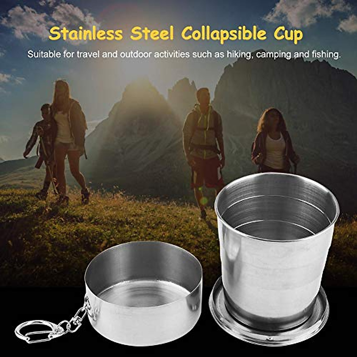 250ml Stainless Steel Collapsible Cup, 4-Folding Portable Camping Mug Travel Cup with Lid and Keychain for Outdoor Drinking