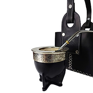 MATE SET PREMIUM -Incluye Mate Imperial- Matera de Cuero Tipo Canasta-Bombilla de Alpaca (Negro)