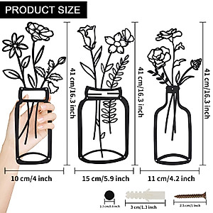 Set of 3 Metal Vase Flowers Wall Art Metal Flower Wall Art Wall Decor Hanging Iron Wall Sculptures Hanging for Home Bedroom Bathroom Kitchen Garden Outdoor and Indoor Housewarming Gift Large (Black)