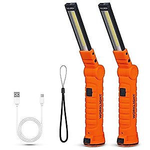 Suranew LED Worklight Flashlight, COB Rechargeable Work Lights with Magnetic Base 360 Degree Rotate and 5 Modes Portable Flood Light Inspection Construction Light for Car Repair (Orange, 2 Pack)