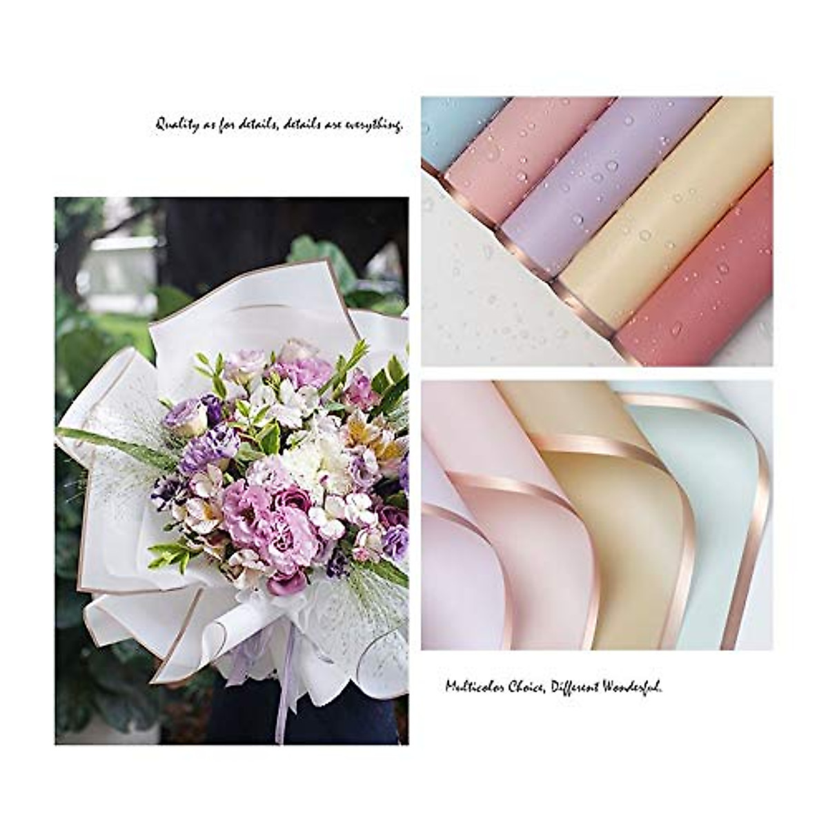 XICHEN 20 Counts /10 Colors Gold Edge Flower Wrapping Paper,Florist Bouquet Supplies,DIY Crafts,Gift Packaging or Gift Box Packaging, Waterproof Floral Wrapping Paper 22.8 * 22.8Inch