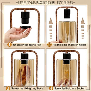 Wireless Charging Touch Lamps for Nightstand Set of 2 - Industrial Table Lamps for Bedrooms 3-Way Dimmable Bedside Lamps with USB, Wood Grain Desk Lamps with Amber Glass Shade for Home, Bulbs Included