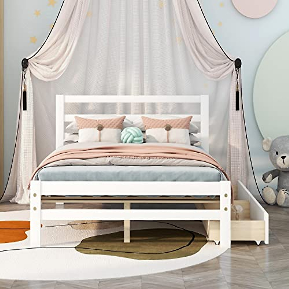 Harper & Bright Designs Full Bed Frame with Drawers, Kids Platform Full Bed with Storage, Solid Wood, No Box Spring Needed (White,Full)
