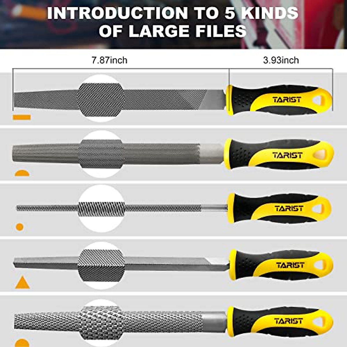 TARIST 19Pcs Metal & Rasp Files Set, Includes Flat/Half-Round/Round/Triangle Large File/Half-Round Rasp/4 Way File/12pcs Needle Files/Brush/Rolling Tool Bag, Work for Metal, Wood and More