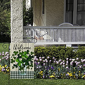 Heyfibro Welcome St Patrick's Day Garden Flag 12 x 18 Inch Double Sided with Vase Shamrocks Pattern Burlap Checkered Holiday House Yard Flag St. Patrick's Sign for Spring Outdoor Decoration(ONLY FLAG)