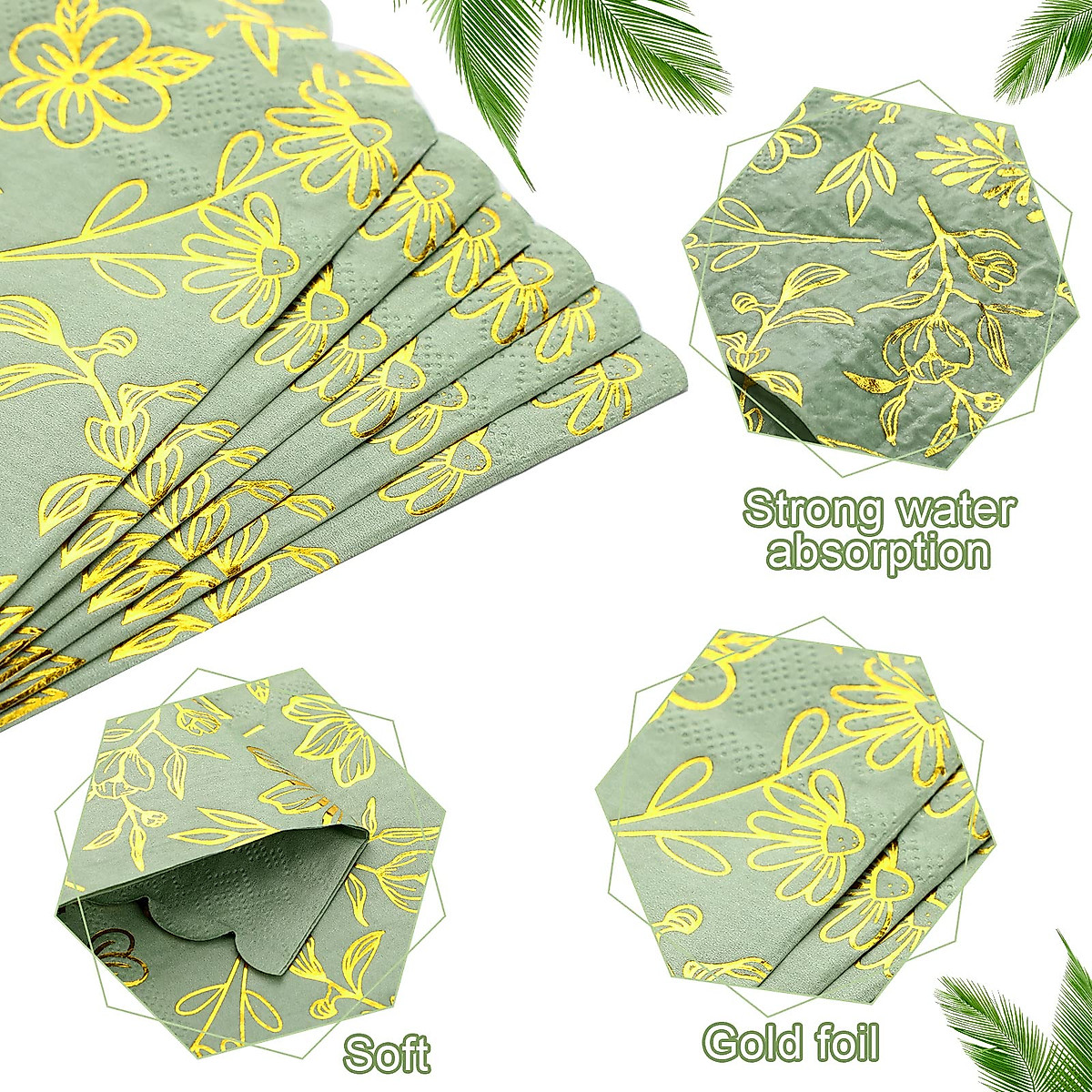 100 Pieces 2 Ply Sage Green Napkins Disposable Gold Foil Floral Paper Napkins Cocktail Napkins Scalloped Napkin for Dinner Wedding Bridal Shower Birthday Party Supplies Decoration, 5 x 5 Inch