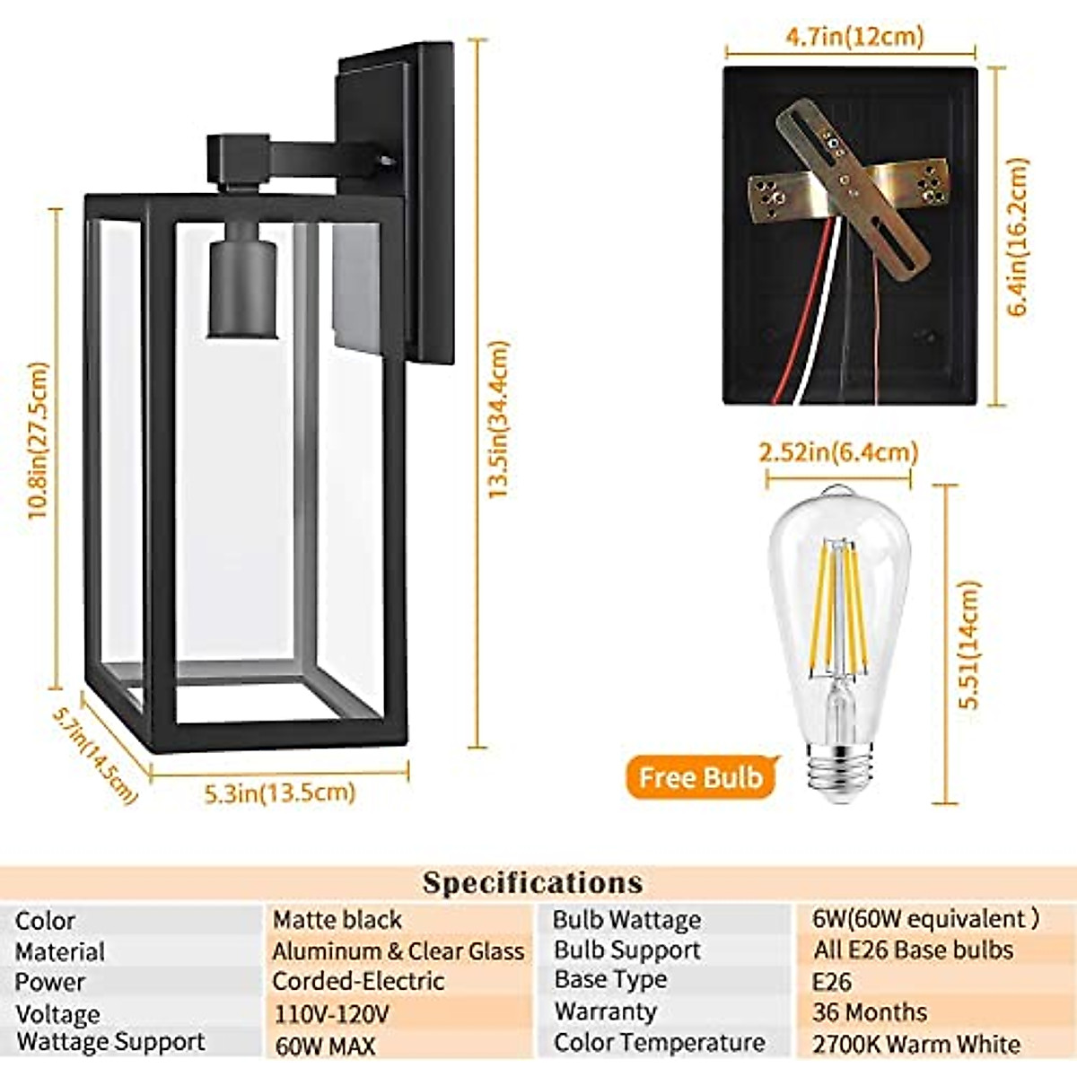 PARTPHONER Outdoor Light Fixtures Wall Mount, Porch Light with 2 LED Bulbs, Exterior Light Fixture Waterproof Anti-Rust Wall Sconce with Clear Glass and Black Aluminum for Garage, Doorway-2 Pack