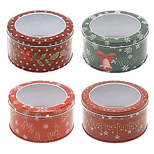 Cabilock 4pcs Christmas Empty Tin Round Metal Tins with Lids Metal Containers for Goodies Chocolate Nuts and Home Storage Cerebrate a Holiday