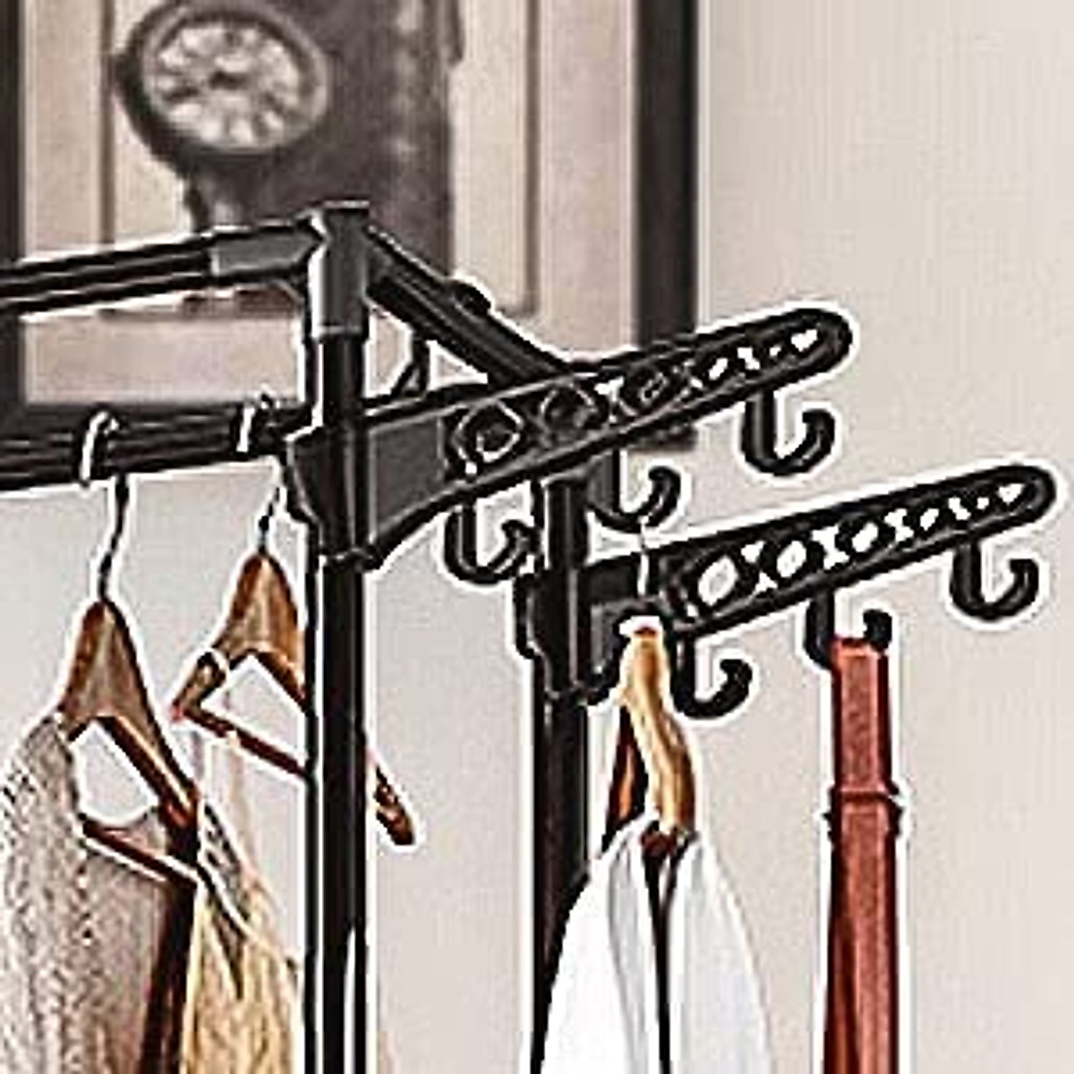 Sasoiky Garment Rack,Shoe Clothing Organizer Shelves,Freestanding Multifunctional Clothes Wardrobe- Closet with Hooks (Black)