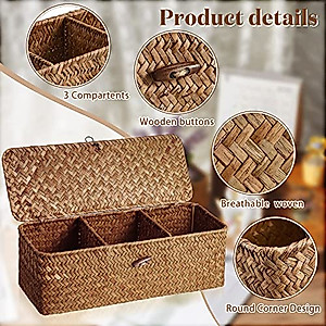 2 Pieces Seagrass Baskets with Lid, Rectangular Hand Woven Wicker Bin Storage Box for Shelves Organizing, Small Rustic Home Storage Organizer Container for Toilet Paper Snack Toys (Khaki)