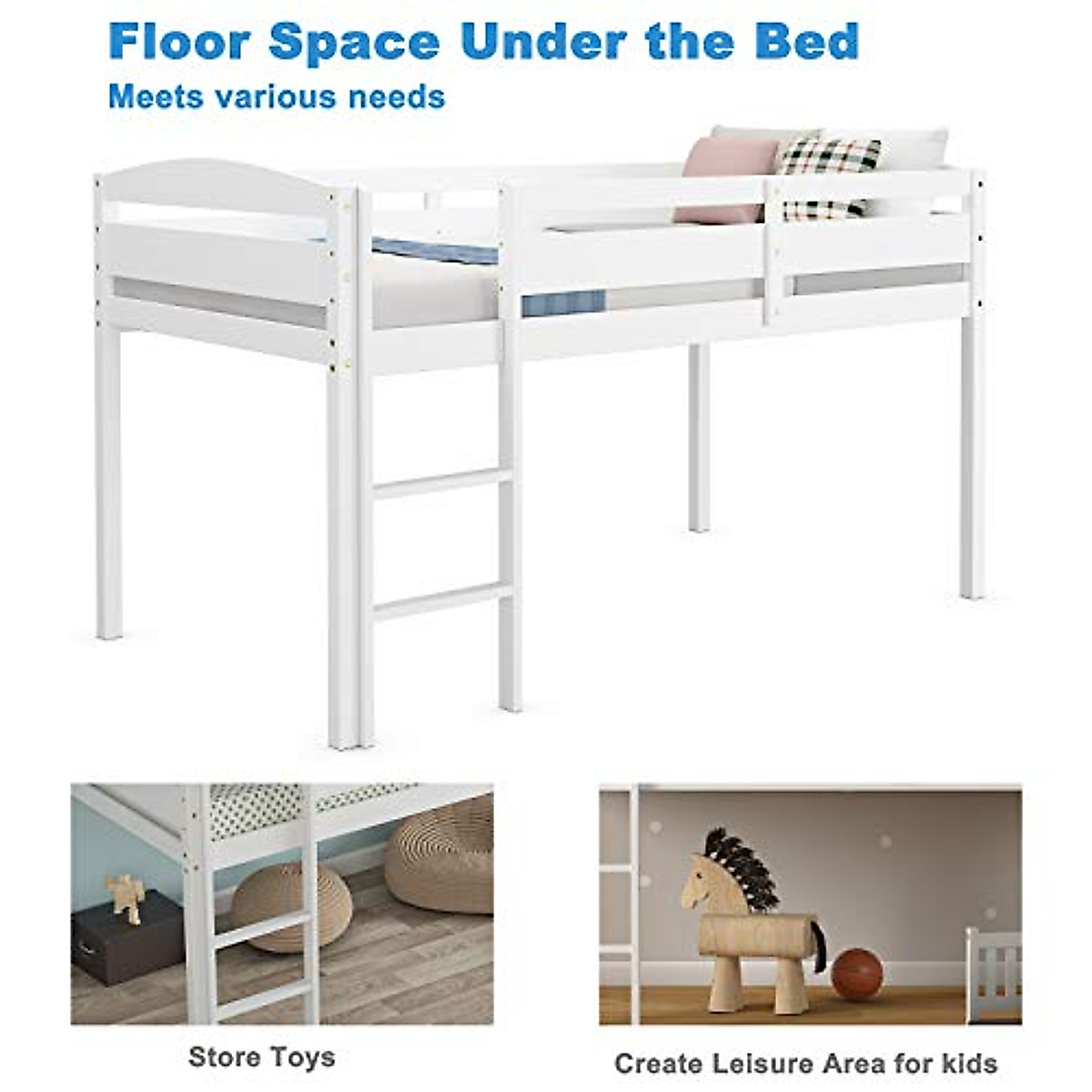 Costzon Twin Loft Bed, Solid Wood Low Loft Bed w/Guard Rail and Ladder, Boys & Girls Twin Bed for Kids Room, No Box Spring Needed, Classic Children Low Loft Bed with Storage for Bedroom, White