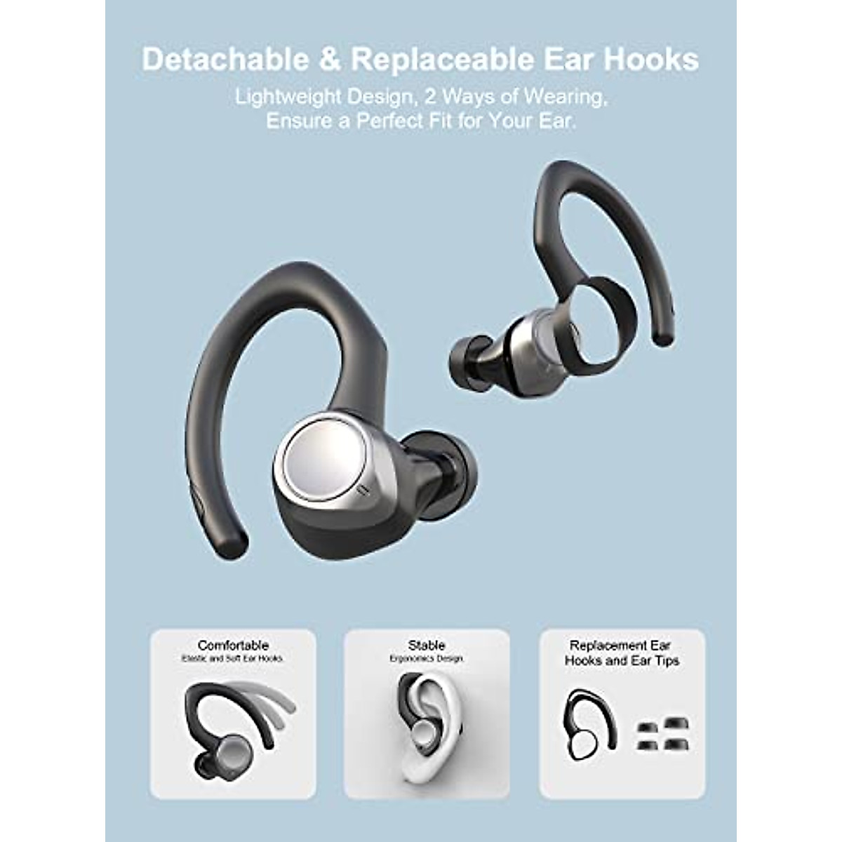 Coucur Wireless Earbuds, Bluetooth 5.1 Sport Headphones in Ear with Detachable Earhooks, Bluetooth Earbuds with Immersive Sound, Wireless Earphones with Noise Cancelling Mic, IP7 Waterproof Headset