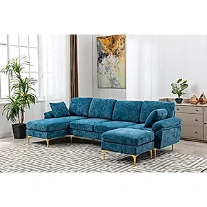 EMKK Modern Sectional Sofa L/U Shaped Couch with Extra Wide Chaise Lounge and Gold Legs Upholstered Modular Convertible Sofá Living Room Furniture for Home or Office,Teal Blue, 114.4253.9433.46 INCH