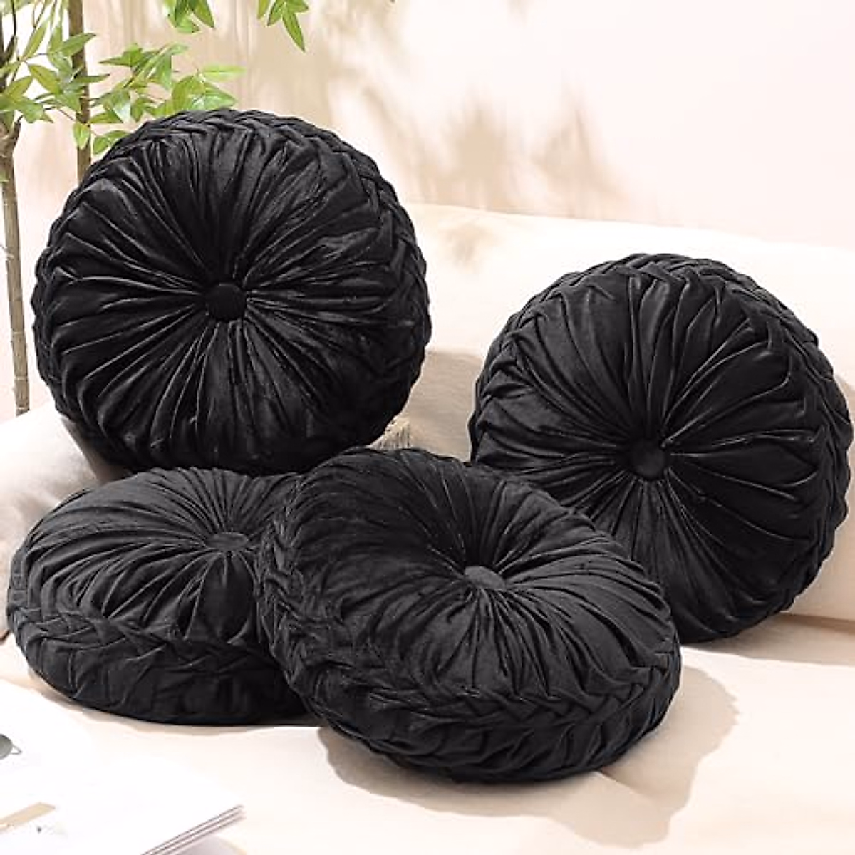 Kathfly 4 Count Round Throw Pillow Velvet Pleated 3D Pumpkin Round Pillow Boho Floor Cushion Couch for Bed Chair Home Car Sofa Decorations, 14.17 x 14.17 Inches (Black)