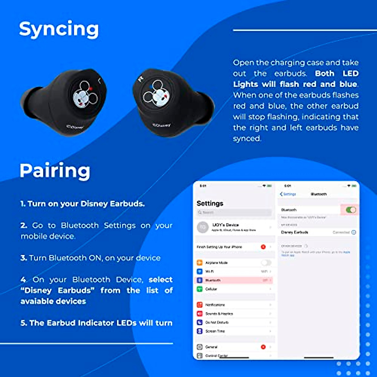 Disney Mickey Mouse Bluetooth Earbuds with Charging Case- Bluetooth Wireless Headset with Built-in Mic and 30 Hours of Playtime- Disneyland Essentials and Disney Gifts for Women and Men of All Ages