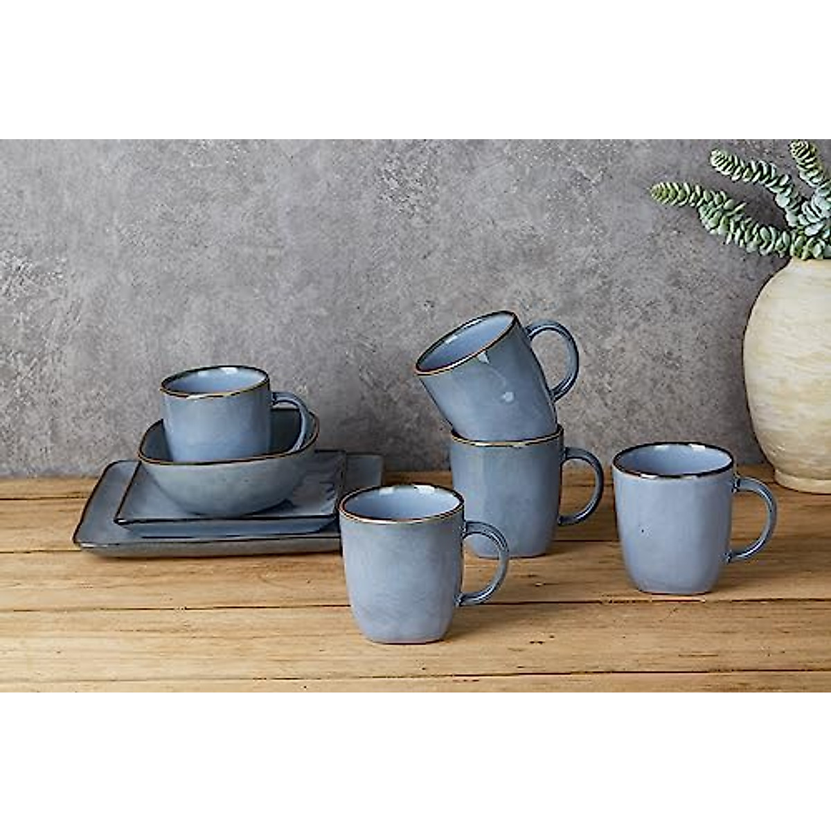 famiware Coffee Mugs Set of 4, Ocean Square 13oz Coffee Cup Set with Handle for Cocoa, Milk, Hot Chocolate, Tea, Water, Stoneware Cups for Kitchen, Reactive Glaze, Microwave and Dishwasher Safe, Blue