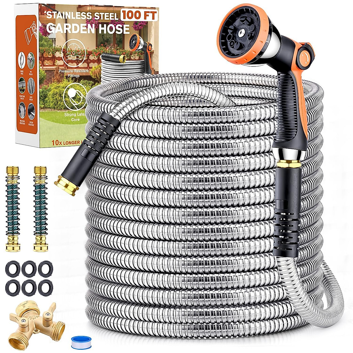 Metal Garden Hose 100ft, Yumatum 304 Stainless Steel Water Hose With 2 Hose Extension Adapter, 2-Ways Hose Splitter and 10-Function Nozzle, 3/4'' Fittings, No Tangle & Kink for Outdoor