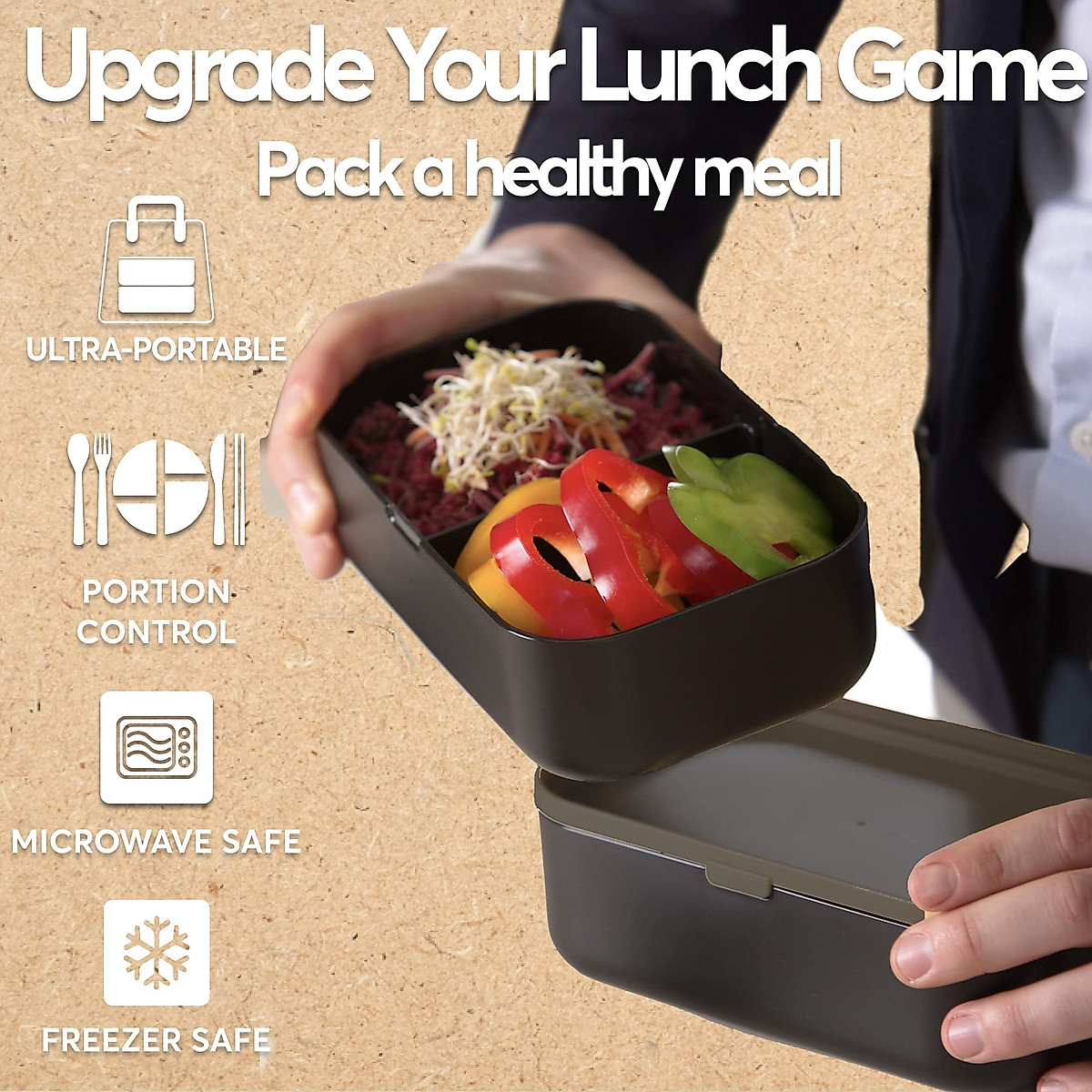 My Jolie Bento - All-in-One Double Layer Bento Lunch Box with Movable Dividers, Leakproof Lunch Container with Included Utensils, Microwave Safe, Perfect for Adults, Ideal for Portion Control