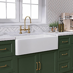 TUKTUK White Farmhouse Sink 33 inch Fireclay Apron Front Single Bowl Kitchen Sink Deep Drop In Farm Sink Undermount with Custom Bottom Grid & Strainer Drain