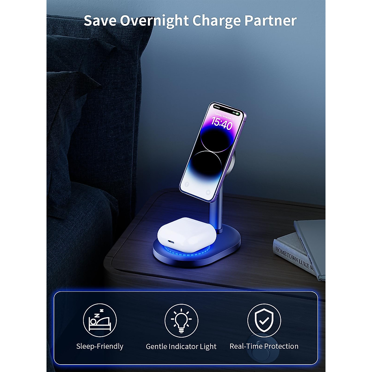 2 in 1 Magnetic Wireless Charger, 15W Fast Charging Mag-Safe Charger Stand for iPhone 15/14/13/12 Series, Wireless Charging Station for AirPods 3/Pro/2 (with QC3.0 Adapter)