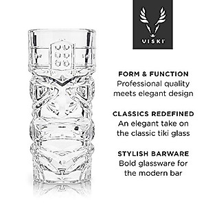 Viski Pacific Tropical Tiki Glasses Set of 2 - Premium Crystal Clear Glass Tumbler, Stylish Tiki Glassware Bar Accessories and Cocktail Glass Gift Set, 14 oz