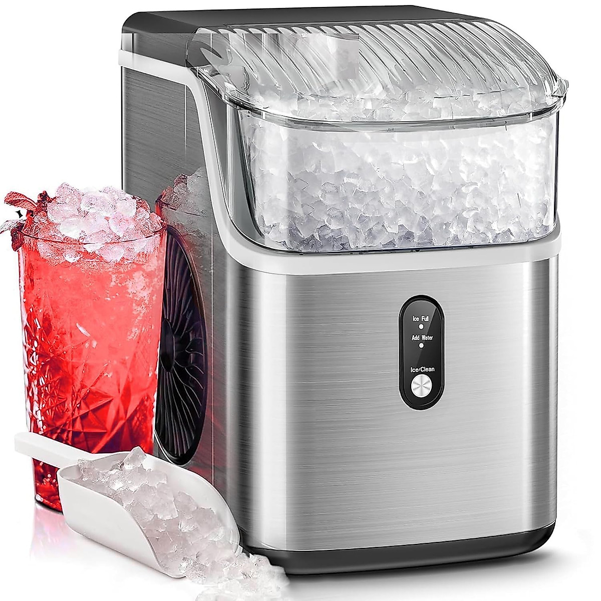 Nugget Ice Makers Countertop, 35lbs/Day Pebble Ice Maker Machine with Sonic Ice, Self-Cleaning Countertop ice Maker with Ice Scoop and Ice Basket for Home & Kitchen(Stainless Steels Silver)