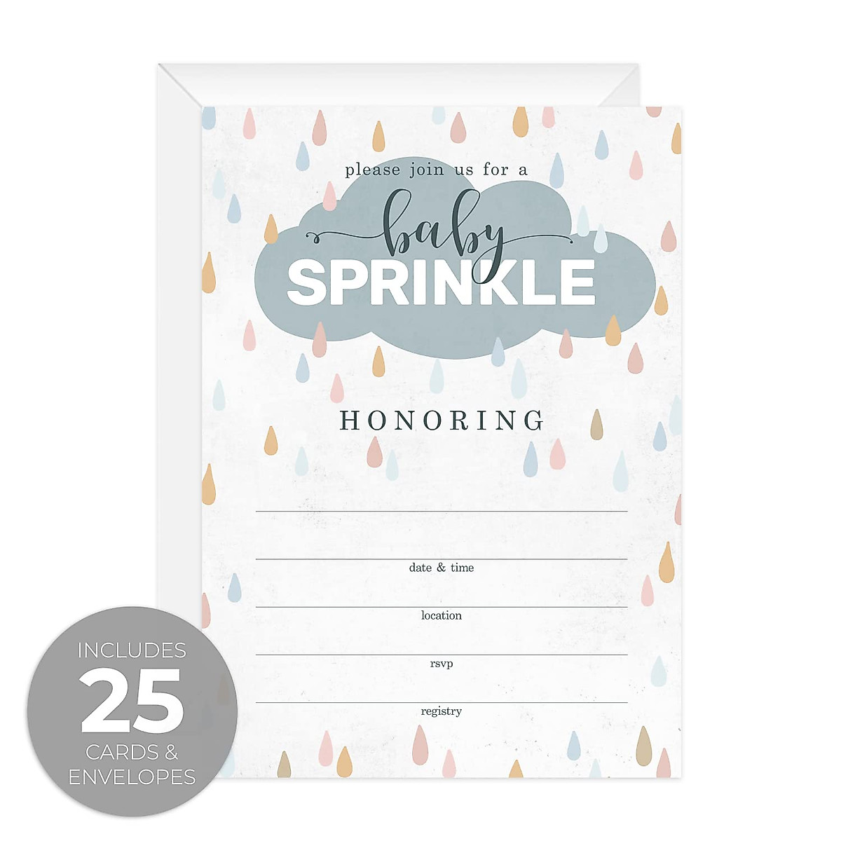 Canopy Street Raindrops Baby Sprinkle Invitations / 25 Fill In Baby Shower Cloud Invites / 5" x 7" Flat Modern Rainbow Baby Shower Party Invitation/Made In The USA