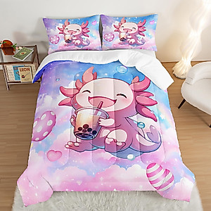 HOSIMA Pink Rainbow Comforter Set Twin Size,Cute Axolotl Drink Milk Tea Pattern Comforter Set Sea Animal Theme Bedding 3pcs for Kids Girls Room Decor,Kawaii Bedding Set with 2 Pillowcases.