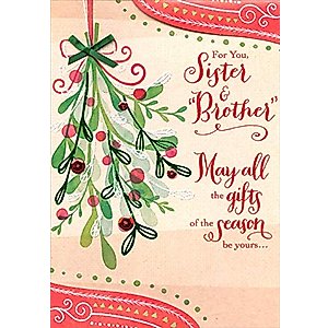 Designer Greetings Holly, Green Ribbon, Red Sequins, 3D Tip On Corners : May All The Gifts Keepsake Handcrafted Christmas Card for Sister and Brother-in-Law