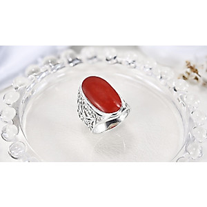 AeraVida Bold Lrg Oval Reconstructed Red Coral Intricate Heart Filigree .925 Sterling Silver Ring (8)
