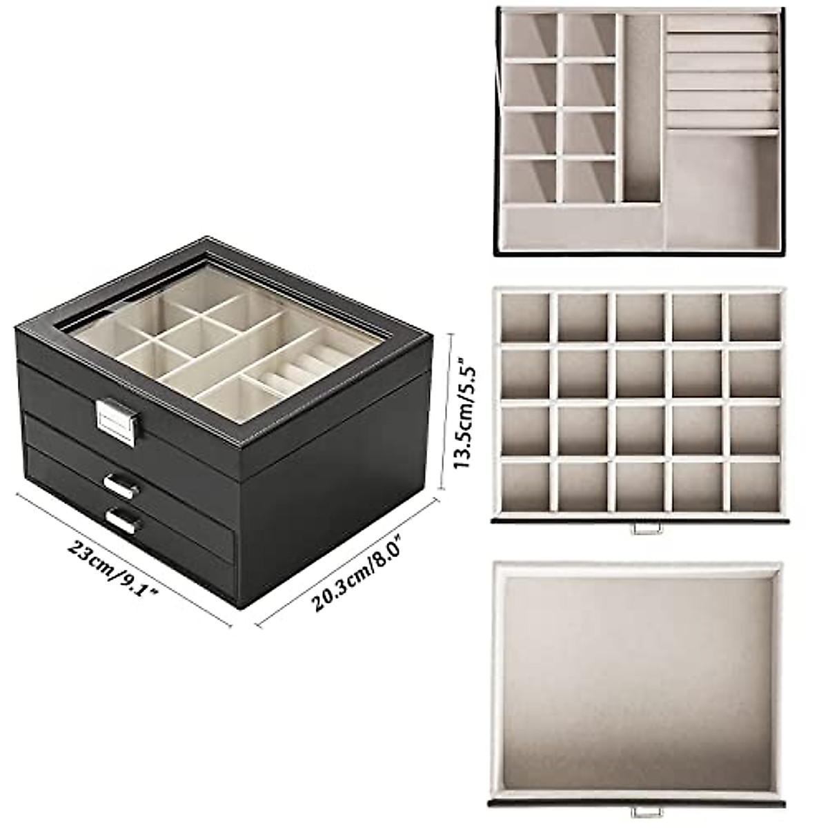 MTGOCHA Jewelry Box for Men Women, 3 Layers Glass Lid Jewelry Organizer with 2 Drawers Large Jewelry Storage Box for Rings Earrings Necklace Bracelets Jewelry Display Case for Women Mens,Black