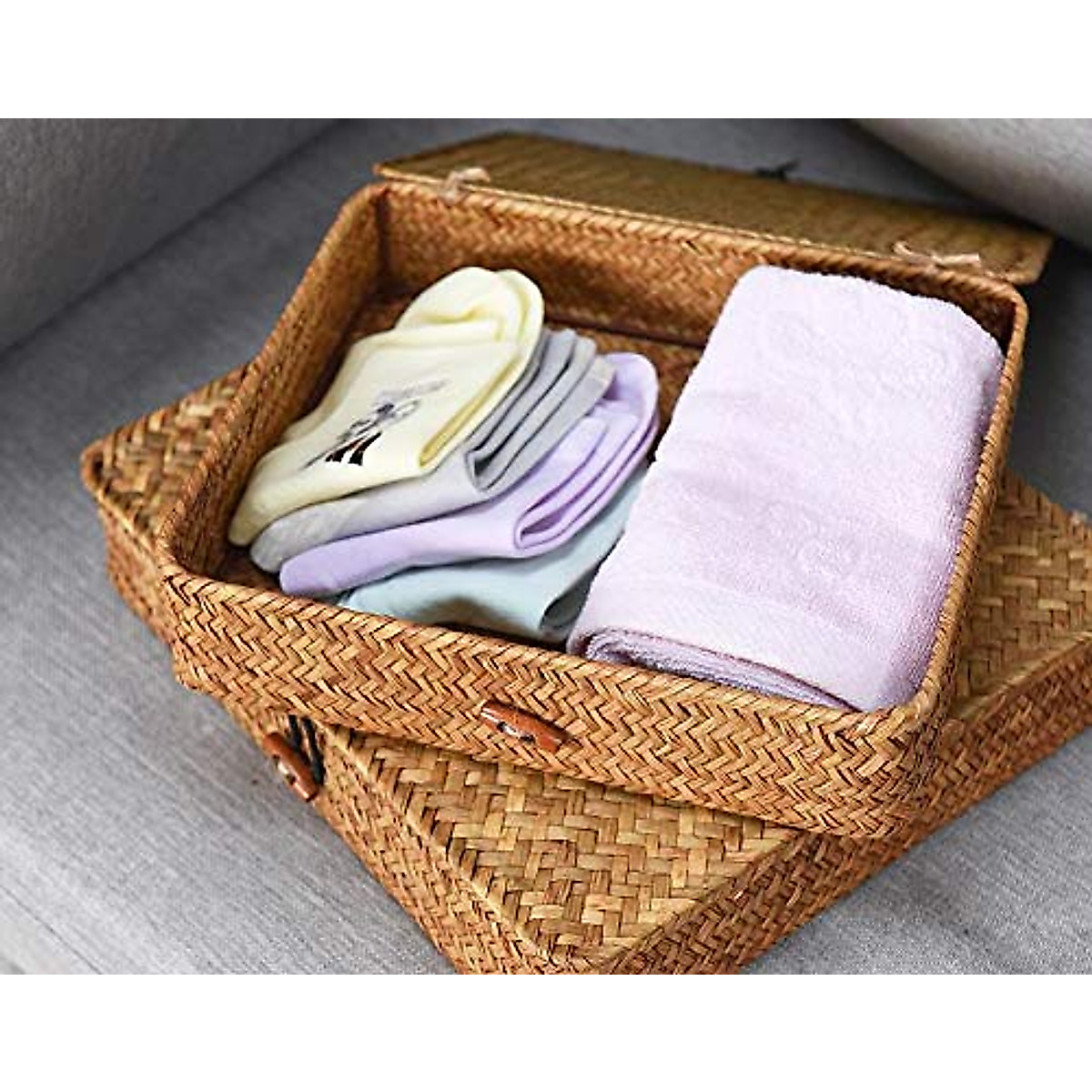 Seagrass Storage Basket Box with Lid Rectangular Woven Shelf Baskets Bins for Organize Snack Toys Set of 2 Natural Decorative(Large+Small)