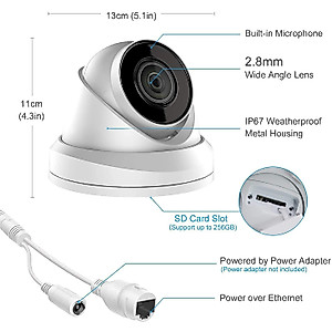 Anpviz 5MP Security IP Dome PoE Camera with Mic/Audio, 5.3MP (3072 * 1728) Turret Outdoor Camera, 98ft NightVision, 2.8mm Lens, IP67 Weatherproof, SD Recording (256GB), White (IPC-D353W-S)