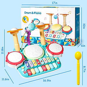 Fajiabao Kids Drum Set for Toddlers 1-3 with Microphone, Baby Drum Kit Musical Toys for 1 Year Old Boy Girl Light Piano Keyboard, Early Learning Instruments for 6 12 18 Month