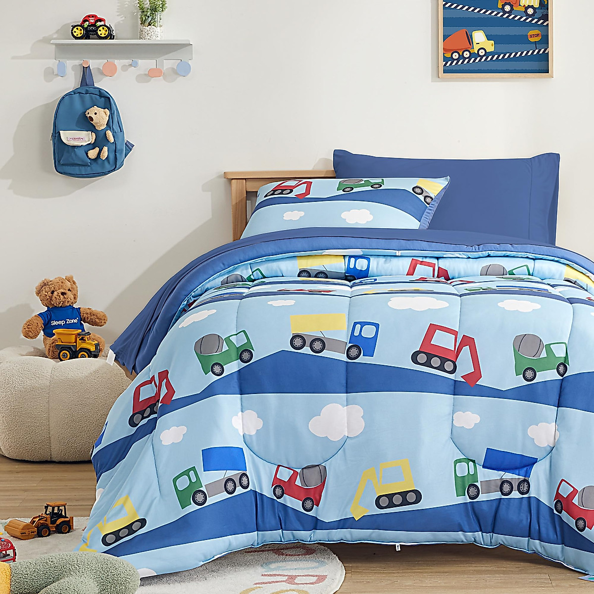 SLEEP ZONE Kids Twin Comforter Set, Cozy Jersey Knit Bedding Set, Warm and Easy Maintain for All Seasons, 100% Microfiber Bedding Set for Boys, 1 Comforter, 1 Pillowcase (Bulldozers, Twin)