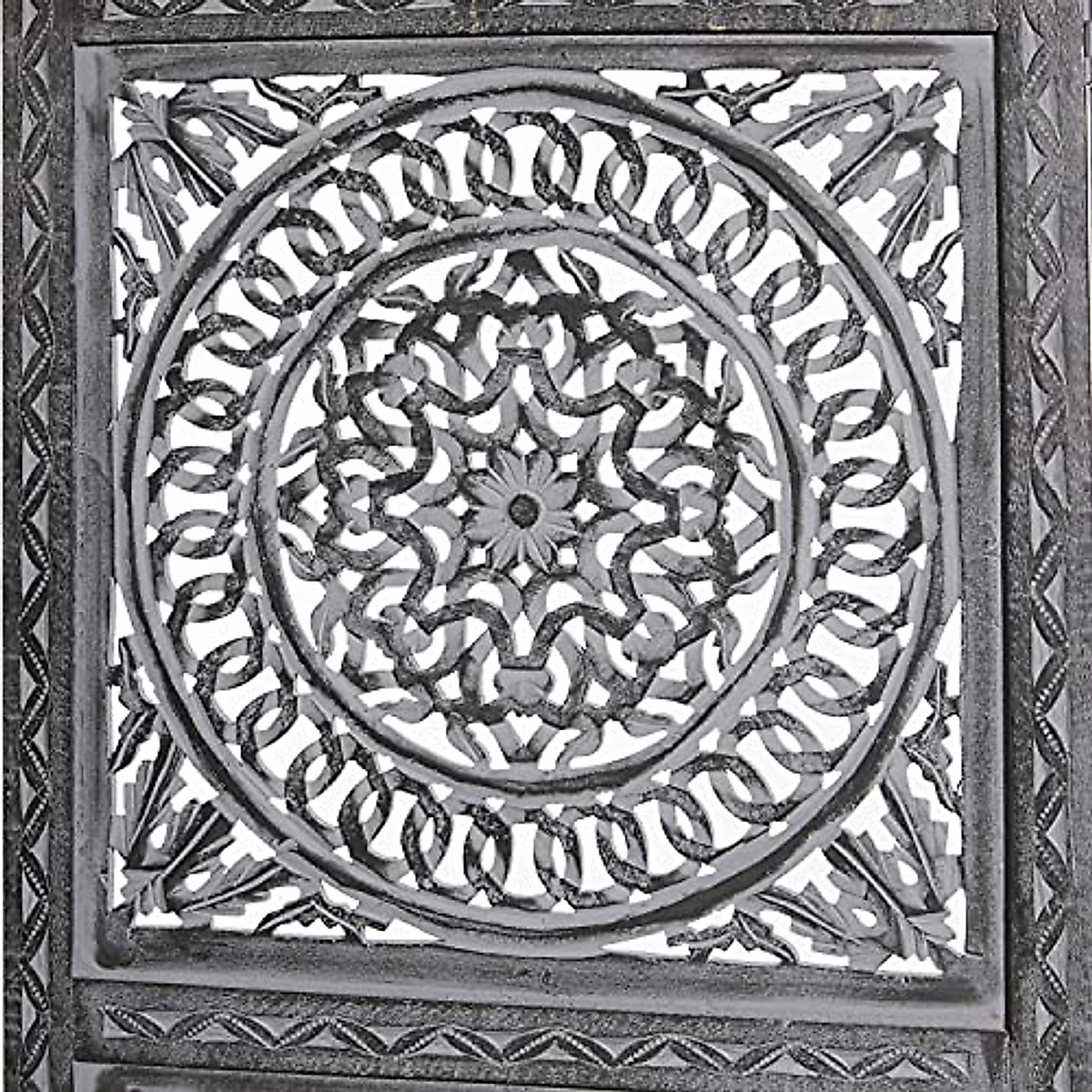 Deco 79 Wood Floral Handmade Hinged Foldable Partition 3 Panel Room Divider Screen with Intricately Carved Designs, 60" x 1" x 72", Black