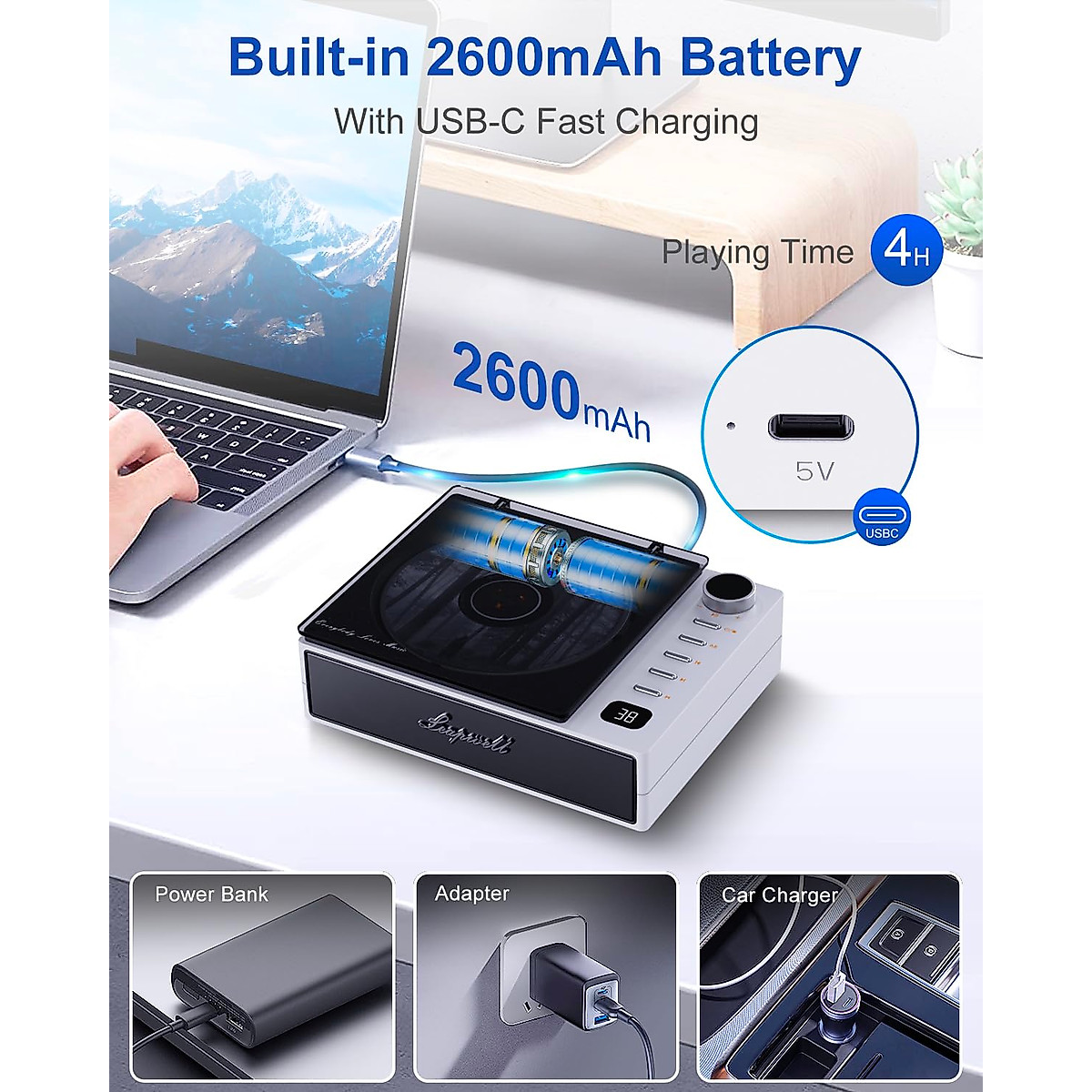 CD Player Portable, Leapwell Portable CD Player with Speakers Bluetooth for Car Home, Small Compact Desktop Retro CD Player Rechargeable with Headphones Radio, Personal CD Players with FM USB White