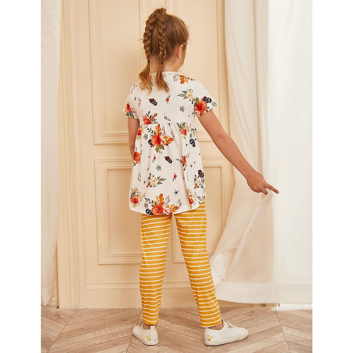 Arshiner Little Girls Outfits Floral Hi-Lo Tops+Pants Sets Short SLeeve 2pcs Pants Sets with Pockets