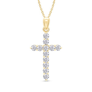 SAVEARTH DIAMONDS 1 1/10 Carat Round Cut Lab Created Moissanite Diamond Cross Pendant Necklace In 14K Yellow Gold Over Sterling Silver For Women With 18" Chain(VVS1 Clarity, 1.10 Cttw)