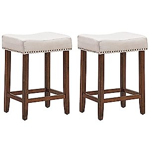 ERGOMASTER Counter Height Bar Stools Set of 2 Backless Fabric Barstools 24-Inch Modern Wood Saddle Bar Stools with Nailhead Trim for Kitchen Island Counter Tabel - Beige/Brown,2-Pack